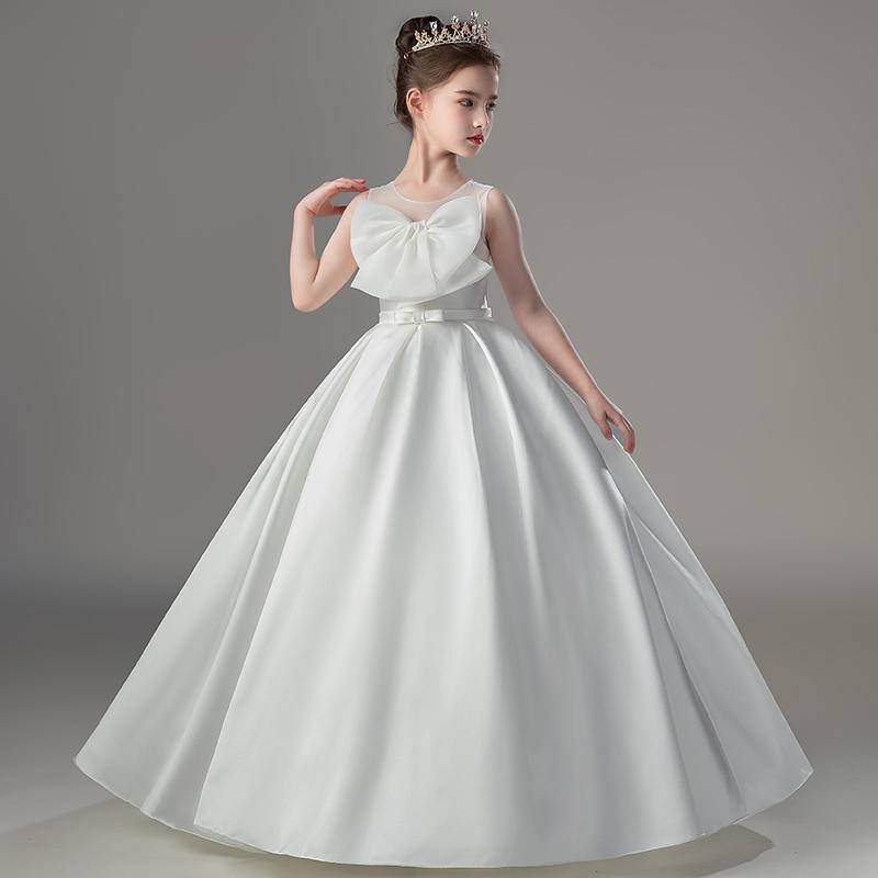 Girls White Princess Dress Wedding Flower Girl Satin Evening Dress ...