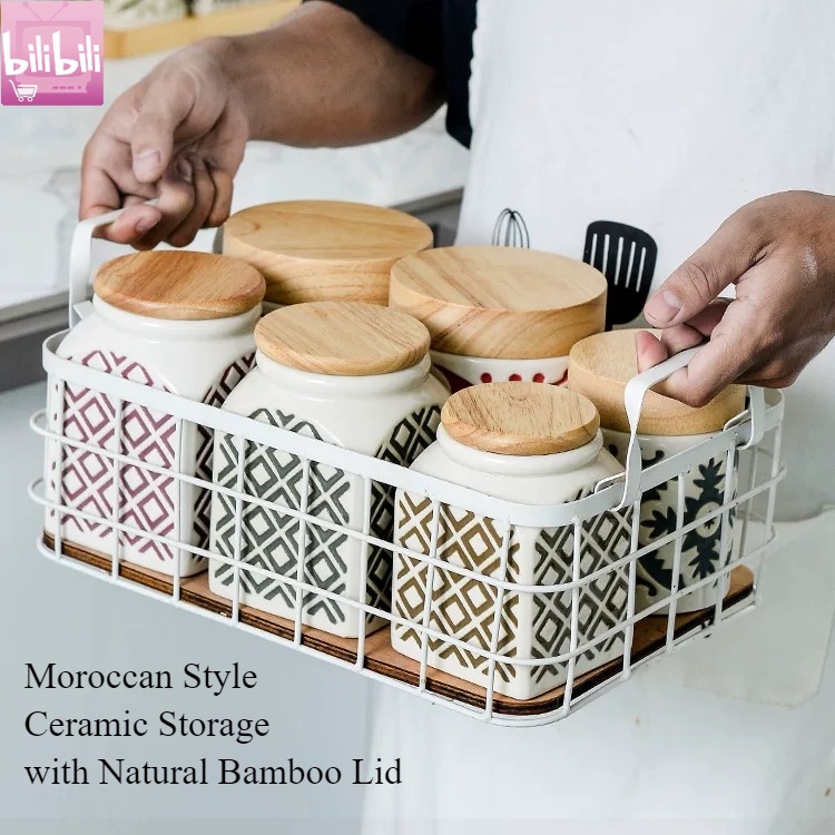 Moroccan Style Ceramic Condiments Jar Bamboo Lid Storage Moisture-proof ...