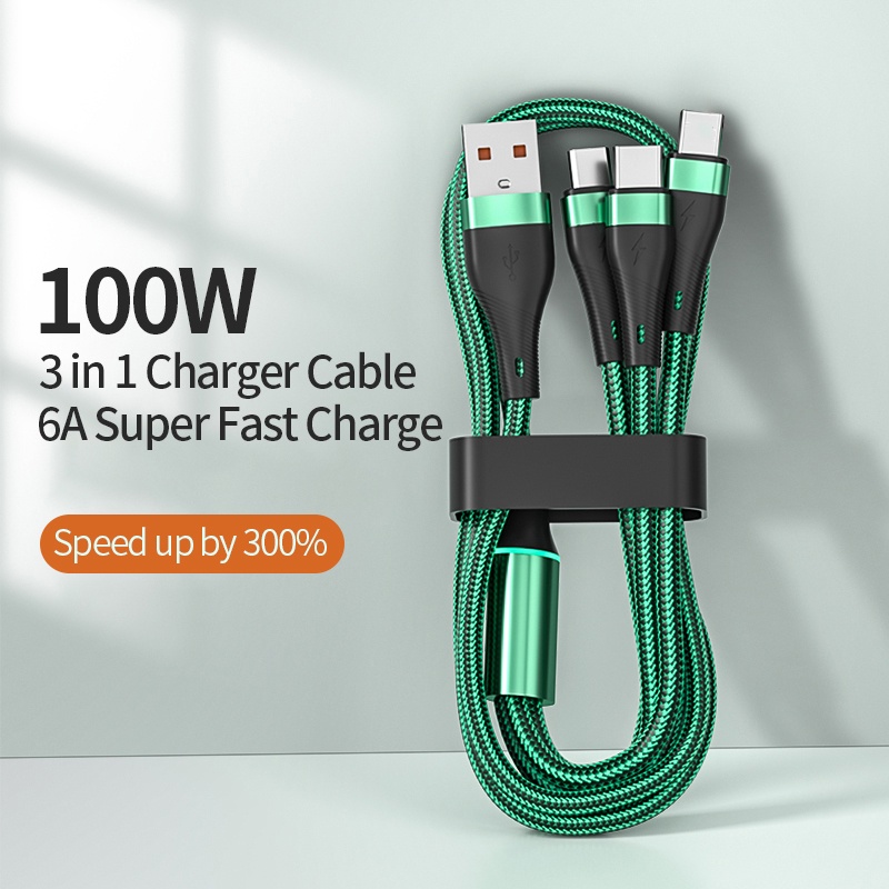 100W Super Fast Charger Cable 6A 3 in 1 Charger Cable Micro Usb / Type ...