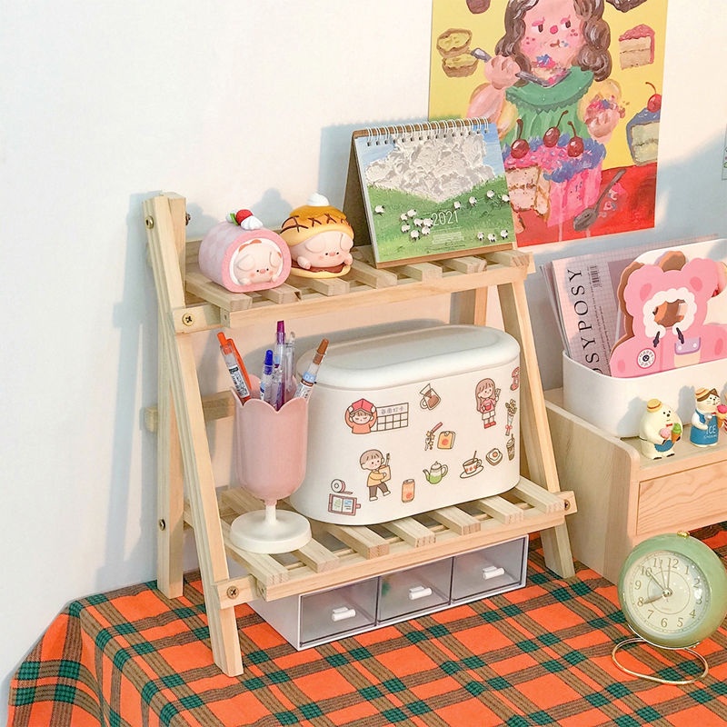 Wooden Double Layer Rack Office Desk Storage Organizer Foldable 2-Tier ...