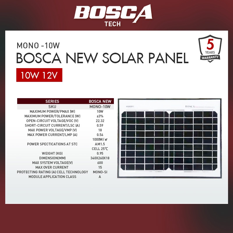 BOSCA Monocrystalline Solar Panel 5 YEAR WARRANTY MONO 10W 12V Solar ...