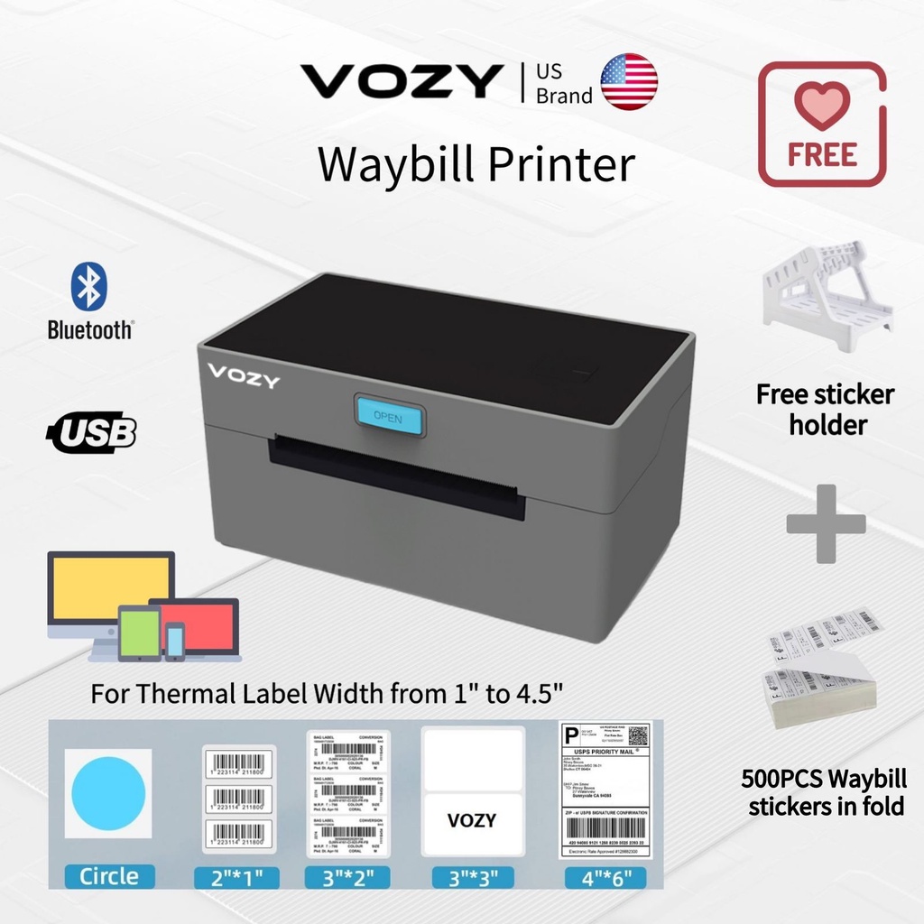 VOZY T5/T7 Thermal Printer A6 Waybill Barcode Shipping Label Bluetooth ...