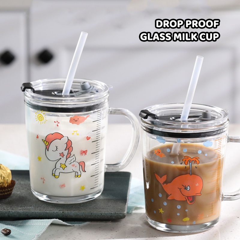 Cartoon Glass Milk Cup with Silicone Straw and Lid Glass Measuring Milk ...