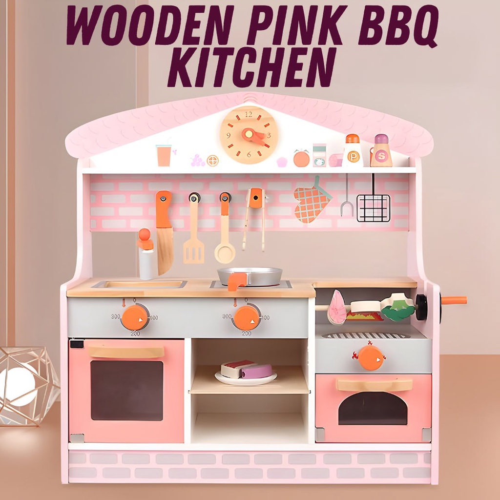Wooden Pink Barbeque Kitchen for Kids Cooking Pretend Play by WISHLAND ...