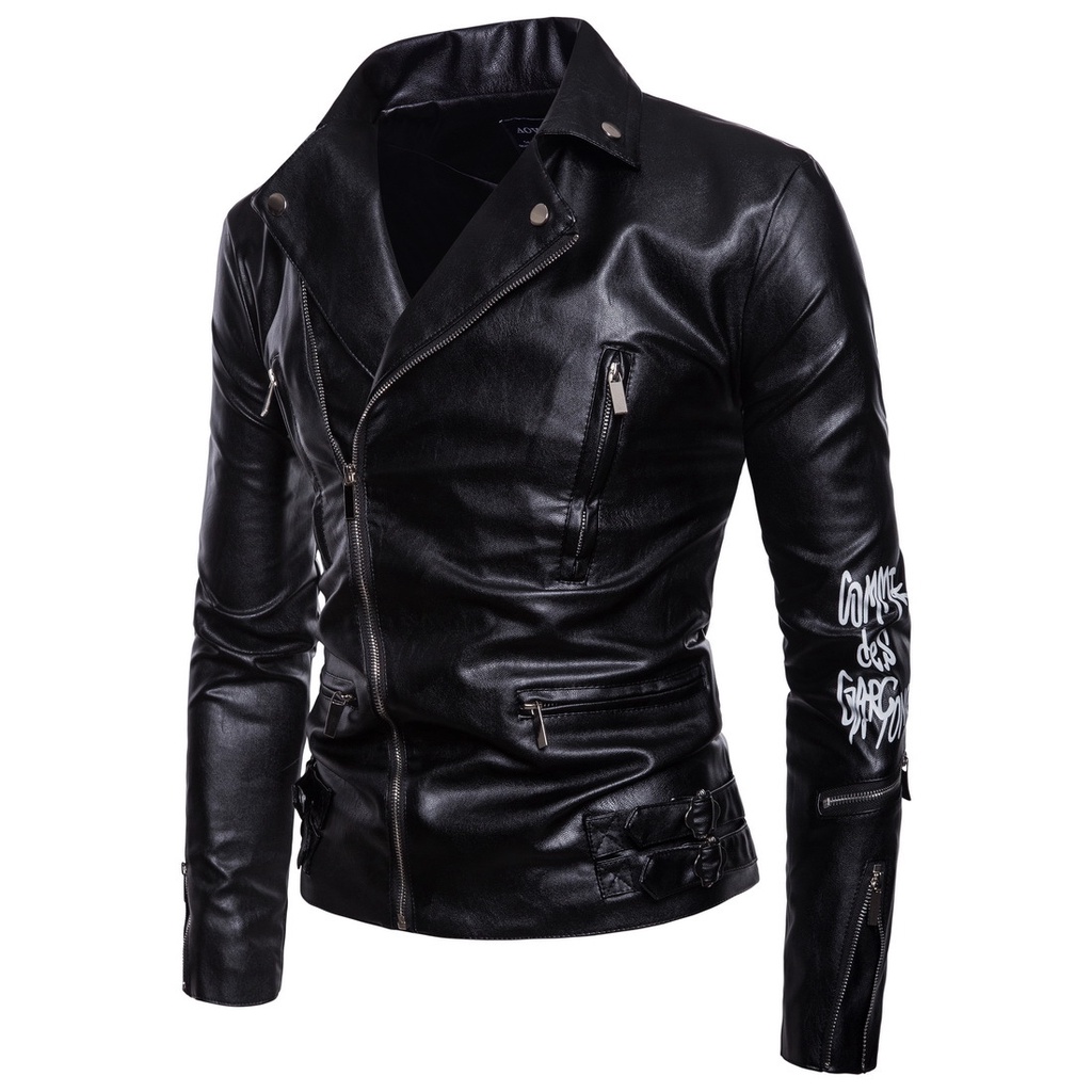 Men's locomotive multi -zipper printed leather jacket punk Harley ...