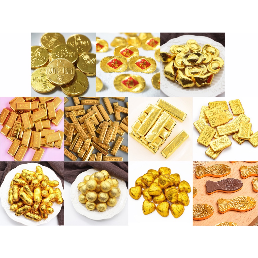 元宝金条金币金牌金砖花生金球金鱼巧克力 1pcs Edible Ingot Gold Bar Gold Coin Peanut Gold ...