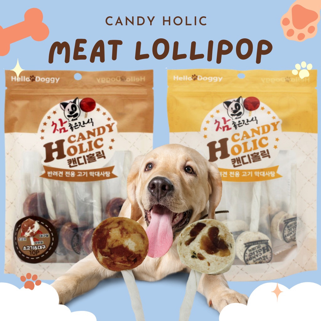 [KOREAN DOG TREATS] Hello Doggy CANDY HOLIC 10P 2 in 1 Meat Lollipop ...