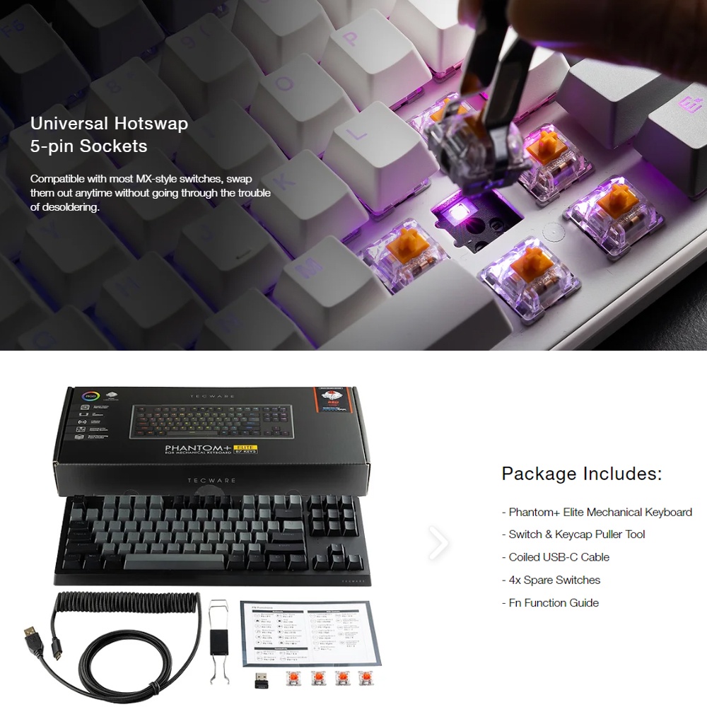 Tecware Phantom+ ELITE Wireless 87 Keys RGB 3 Modes Mechanical Keyboard ...