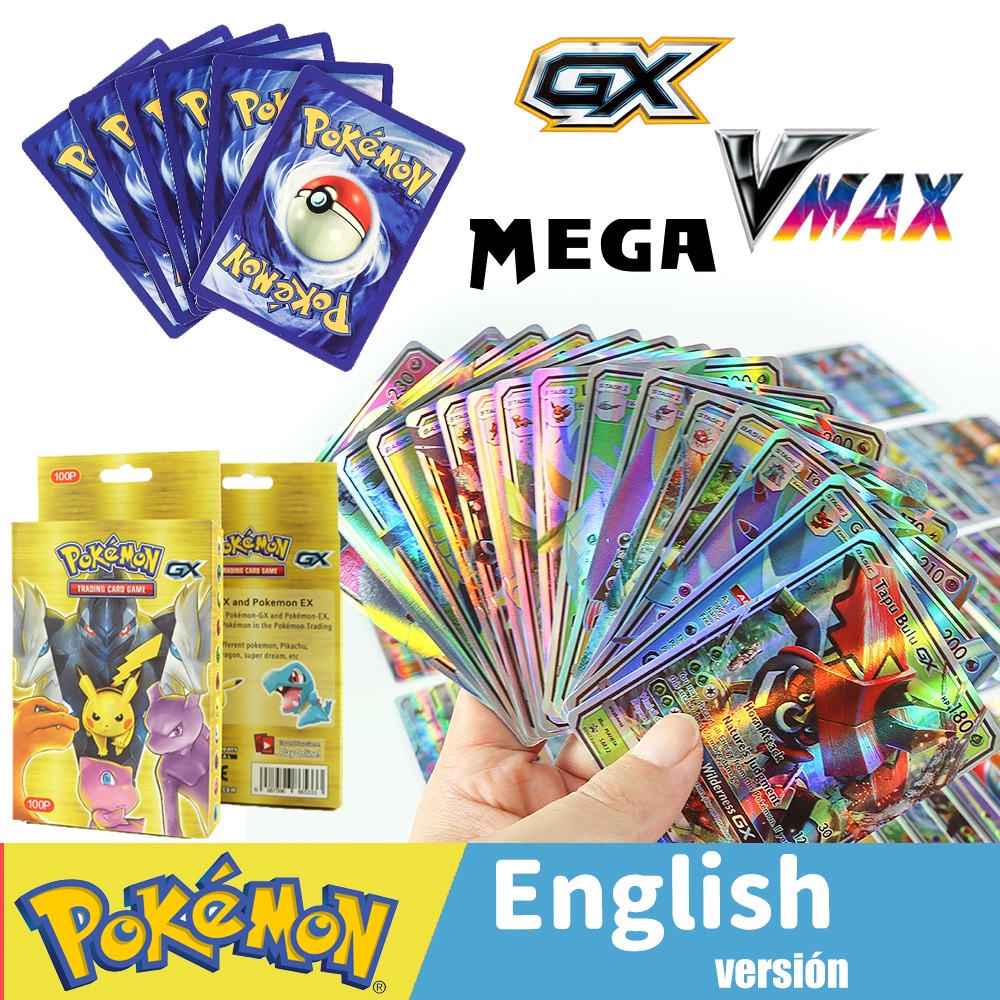 100PCS English Pokemon Card Vmax Gx Tag Team Ex Mega Game Battle Card ...