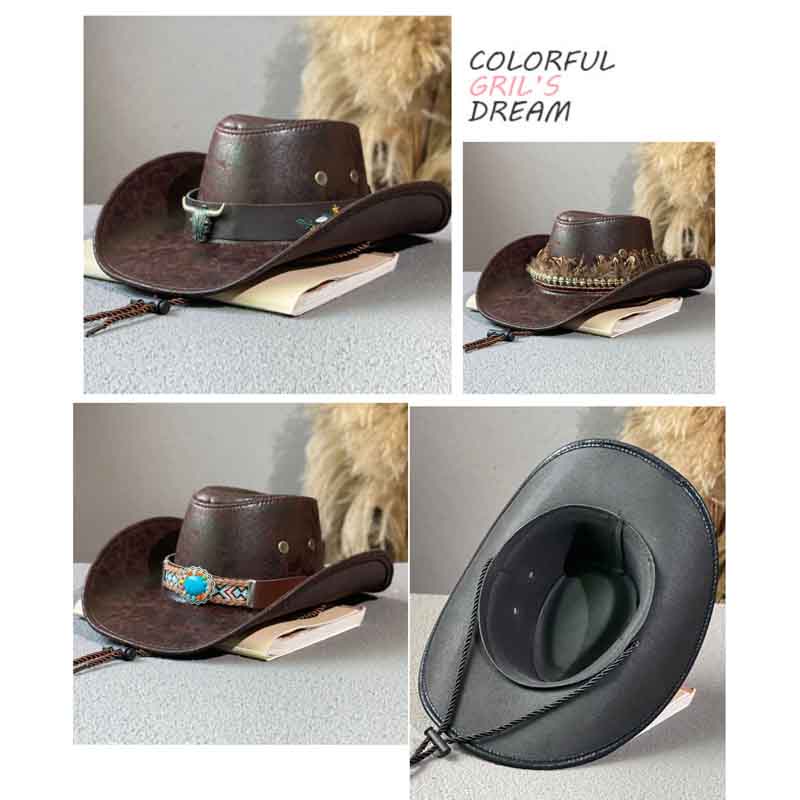 Fashion Cow Head Decorate Western Cowboy Hat Faux Leather Vintage Gentleman Jazz Hats For Men ...