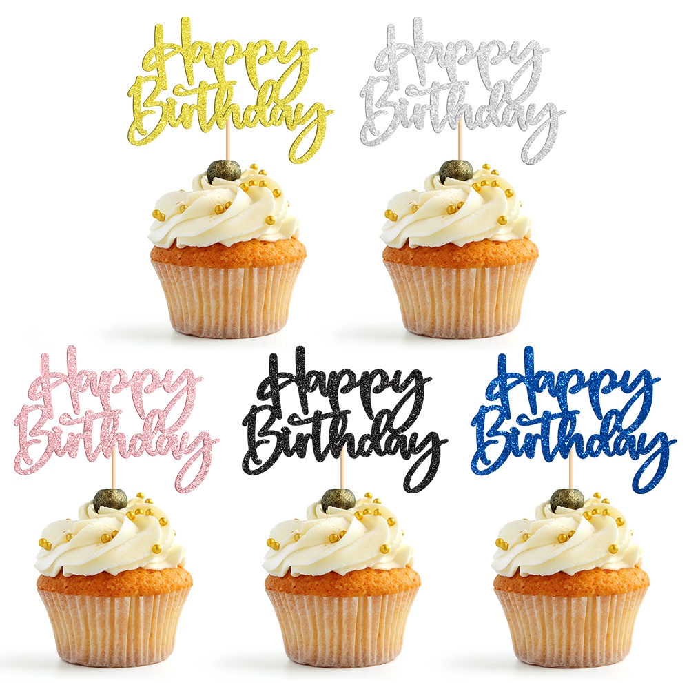 12 PCS Glitter paper Happy Birthday Cupcake Toppers Cup Cake Decoration ...