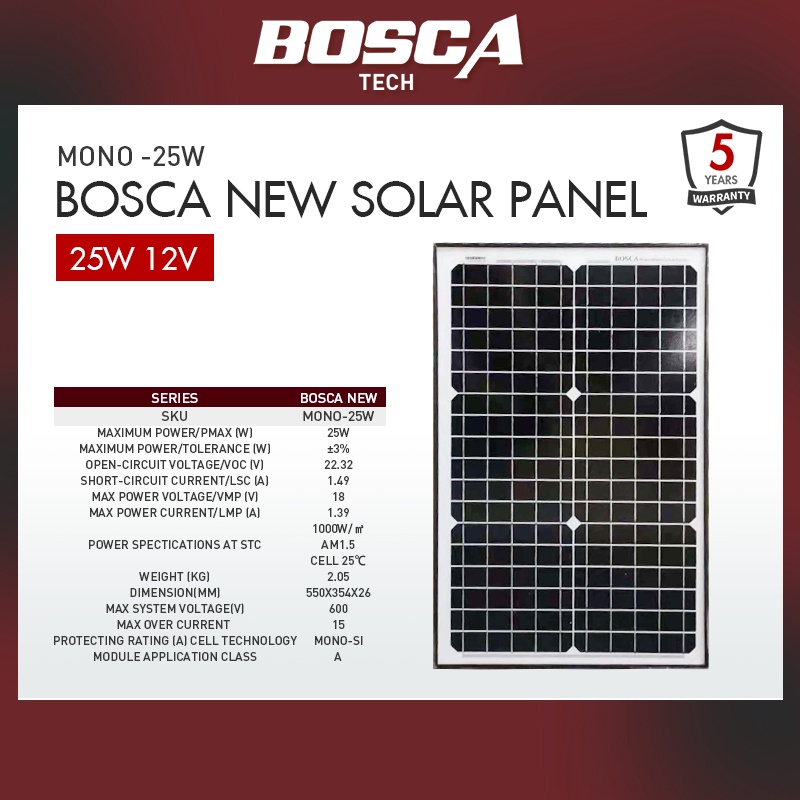 BOSCA NEW Monocrystalline Solar Panel 5 YEAR WARRANTY MONO 25W 12V ...