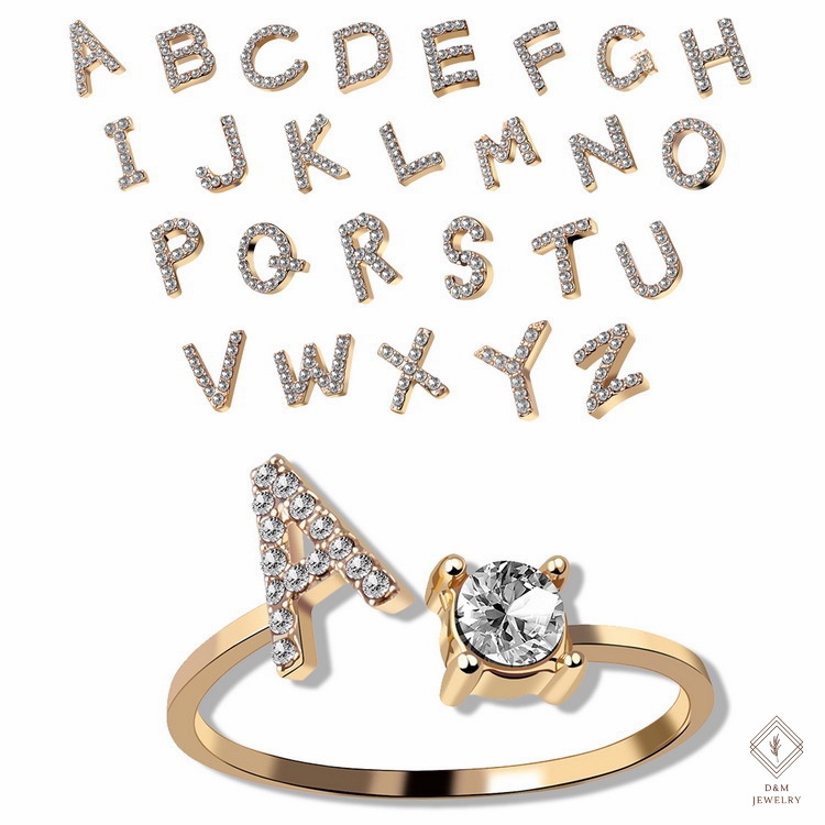 26 Letter Rings Cubic 14K Gold Promise Ring Diamond Ring Wedding 925 ...