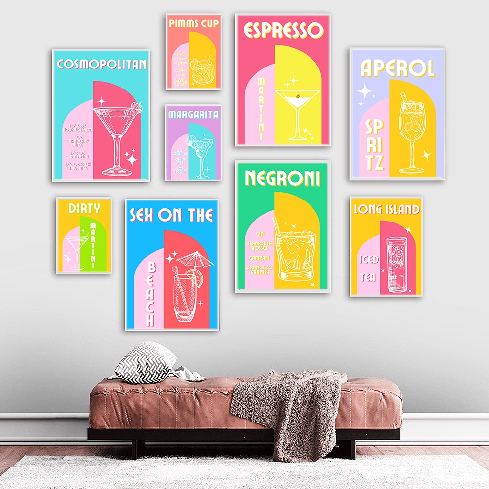 Cartoon Color Drinks Canvas Painting Vintage Art Print Poster Modern ...