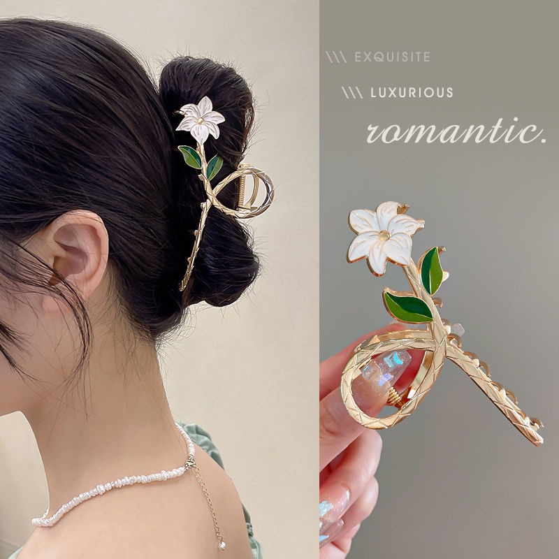 Fashion Women Metal Flower Hair Claw Elegant Strong Hold Lily Shark ...