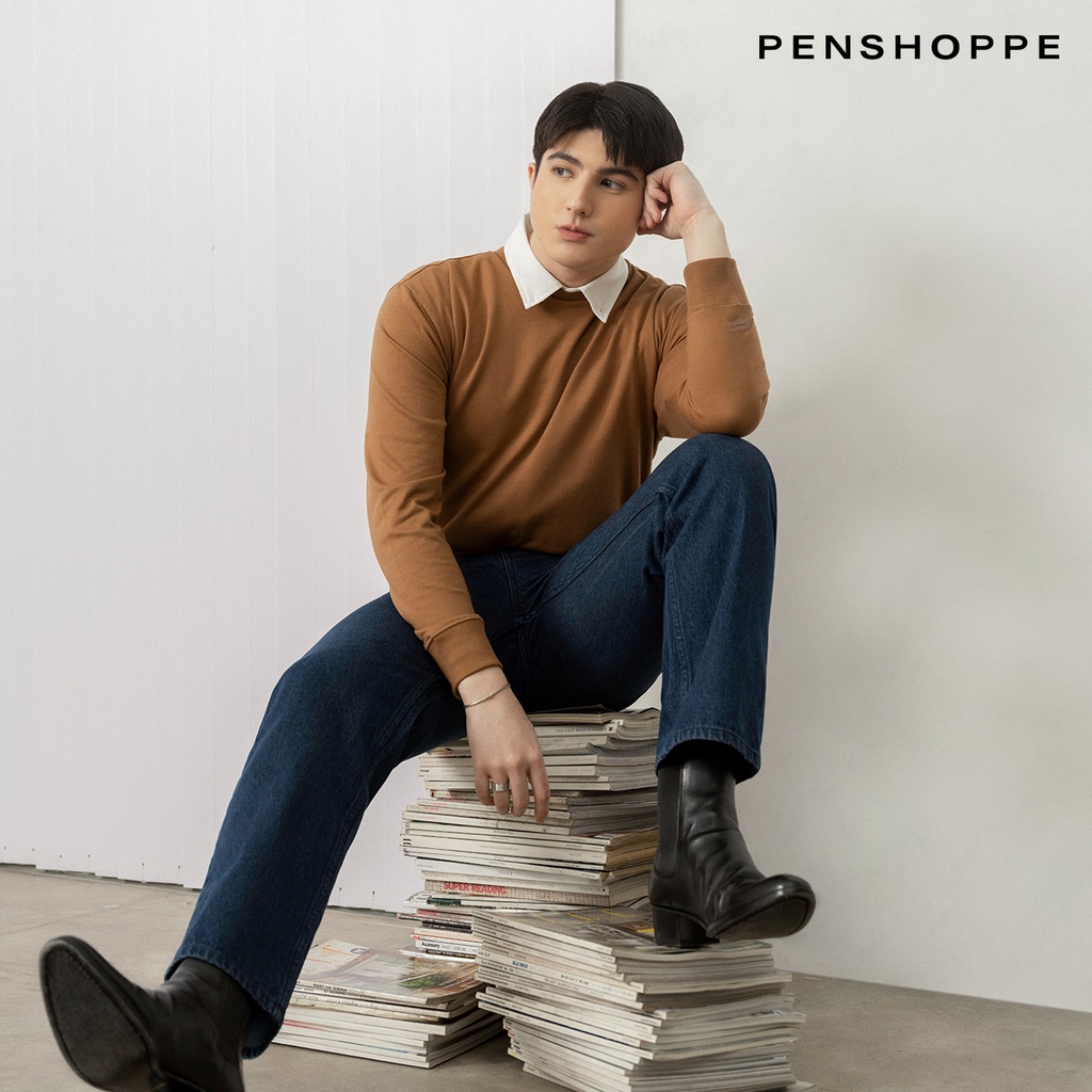 Penshoppe Relaxed Fit Pullover Sweater For Men (Amber Brown/Dark Green ...