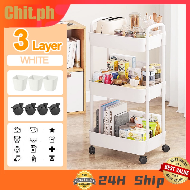 CHIT Trolley Cart Organizer 3-Tier Plastic Utility Cart with Handle ...