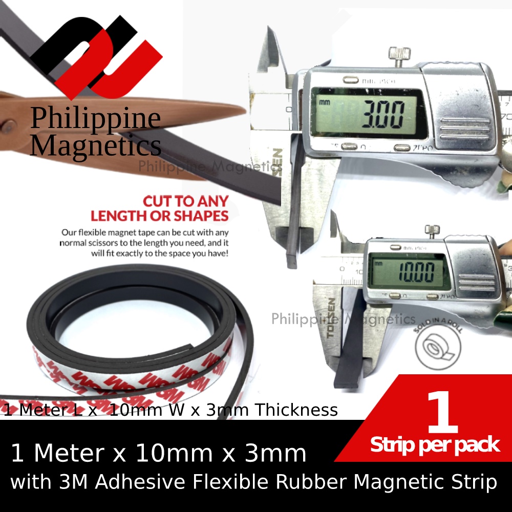 1 Meter 10mm x 3mm Magnetic Rubber Strip with or without 3M Adhesive ...