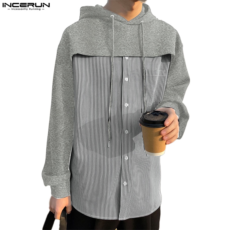 INCERUN Men Korean Style Long Sleeve Patchwork Striped Hooded ...