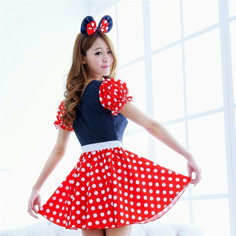 Women Adult Cartoon Minnie Mouse Cosplay Costume Polka Dots Halloween ...