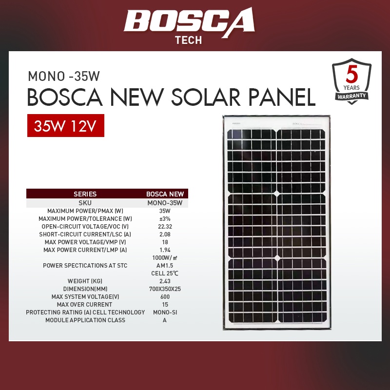 BOSCA NEW Monocrystalline Solar Panel 5 YEAR WARRANTY MONO 35W 12V ...