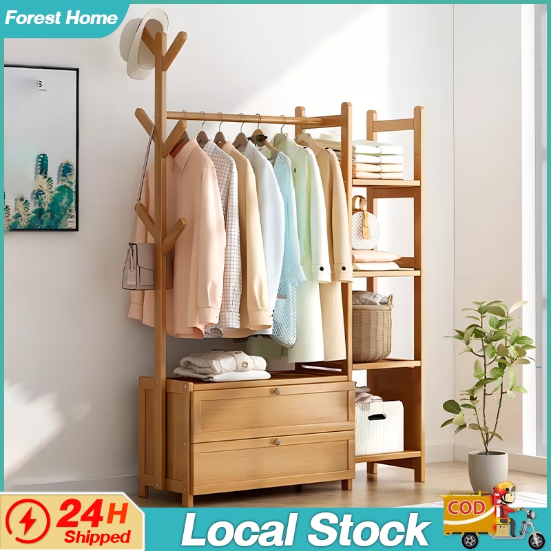 Wardrobe Cabinet with Drawer Clothes Rack Organizer Wooden Coat Rack ...
