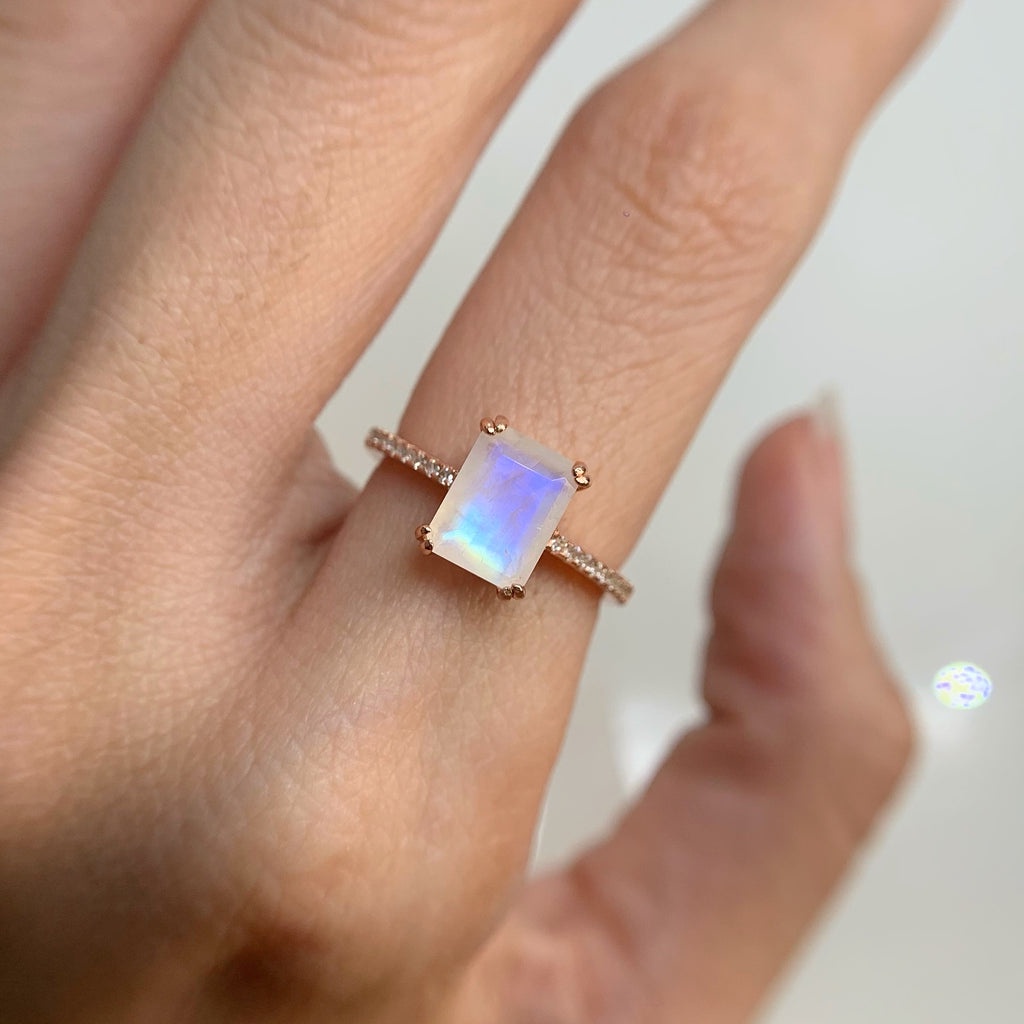 6 x 8 mm. Octagon Cut White Indian Moonstone with Cz Band Ring | Shopee ...
