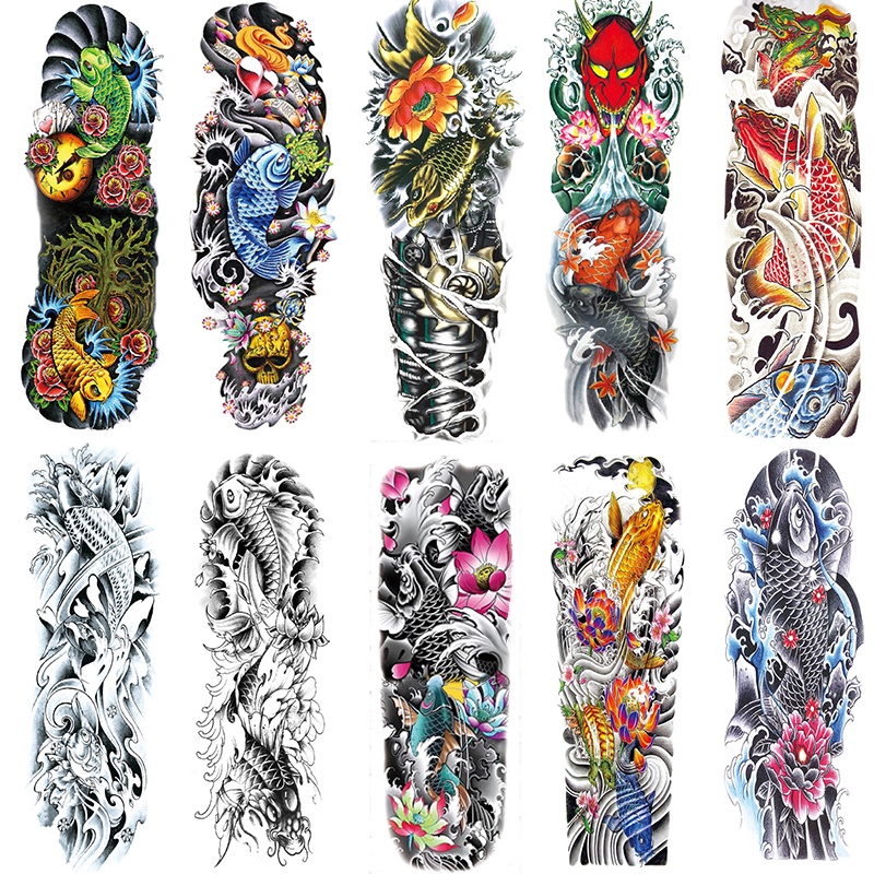 Full Flower Arm Temporary Tattoo Stickers Koi Bring Good Luck To You ...