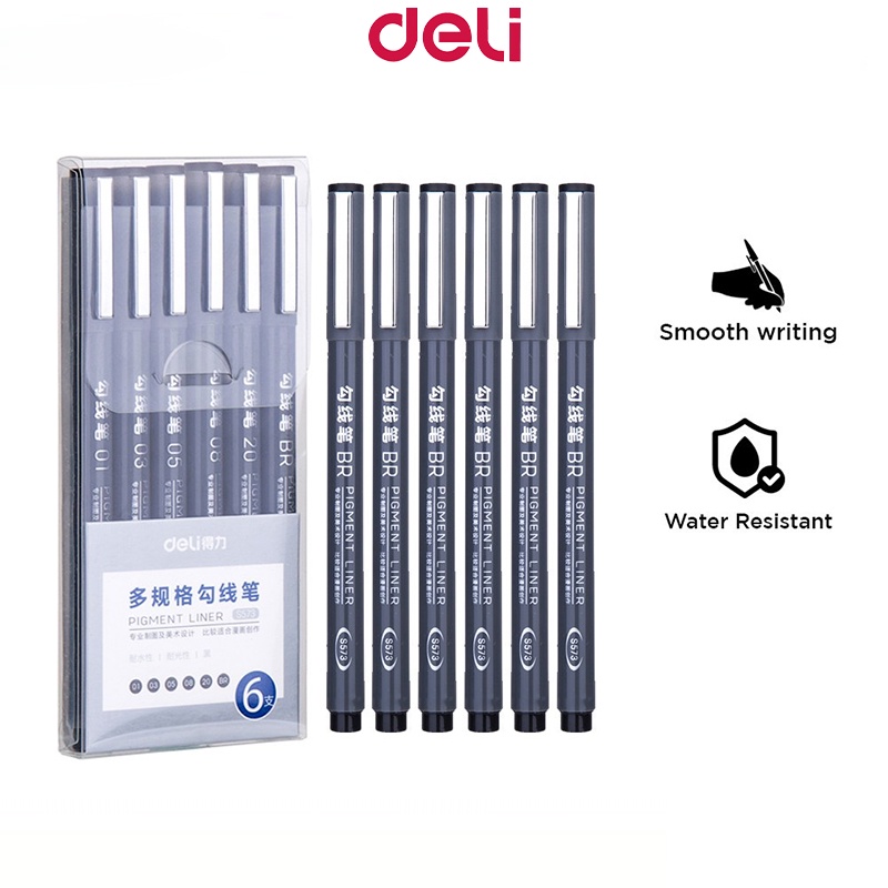 Deli Fine Liner Pen Tip Black Ink Drawing Pen Set 6Pcs | Shopee Philippines