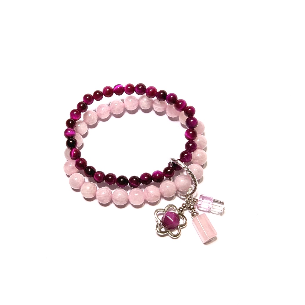 Magenta Tiger Eye and Rose Quartz Double Layer with Flower Charm ...