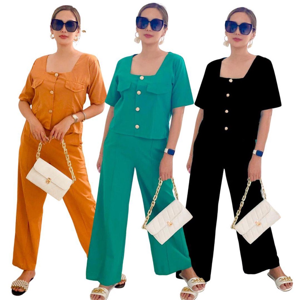 NZT Eva Square Neck Button-Up Top and Wide Leg Pants Terno Coordinates ...