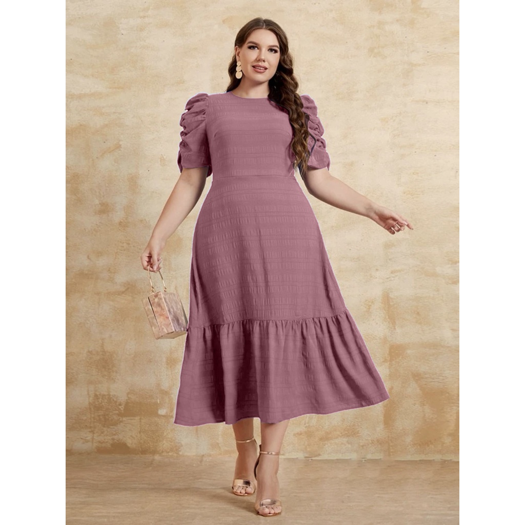 A3099 Uyua Ruched Puff Sleeve Ruffle Hem Plus Size Dress | Shopee ...