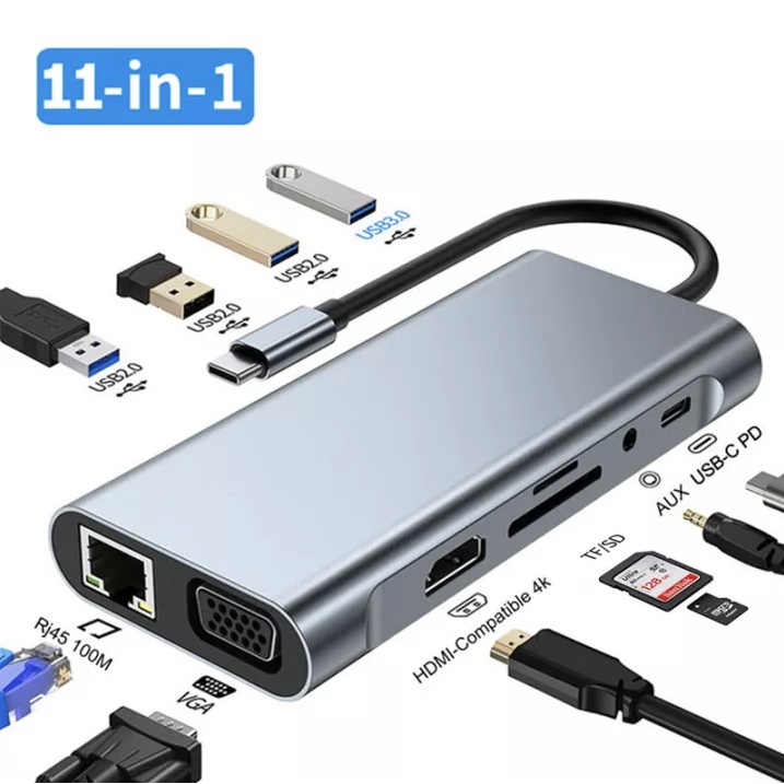 11 in 1 USB C HUB Type C to 4K HDTV VGA RJ45 Lan Ethernet SD/TF Hub AUX ...