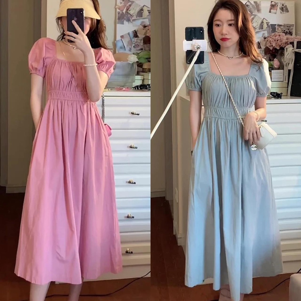 A3049 Melody Fashion Dual Elastic Waist & Sleeve Solid Dress | Shopee ...