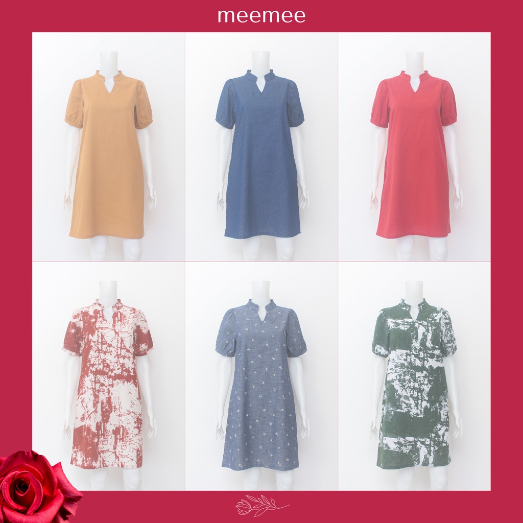 Meemee Ladies Denim/Linen Notch Neck Dress with Neck Ruffles | Shopee ...