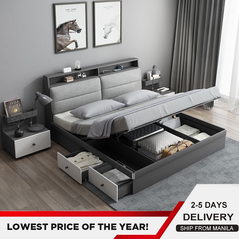 Scandinavian double bed tatami bed storage bed upholstered back bed ...