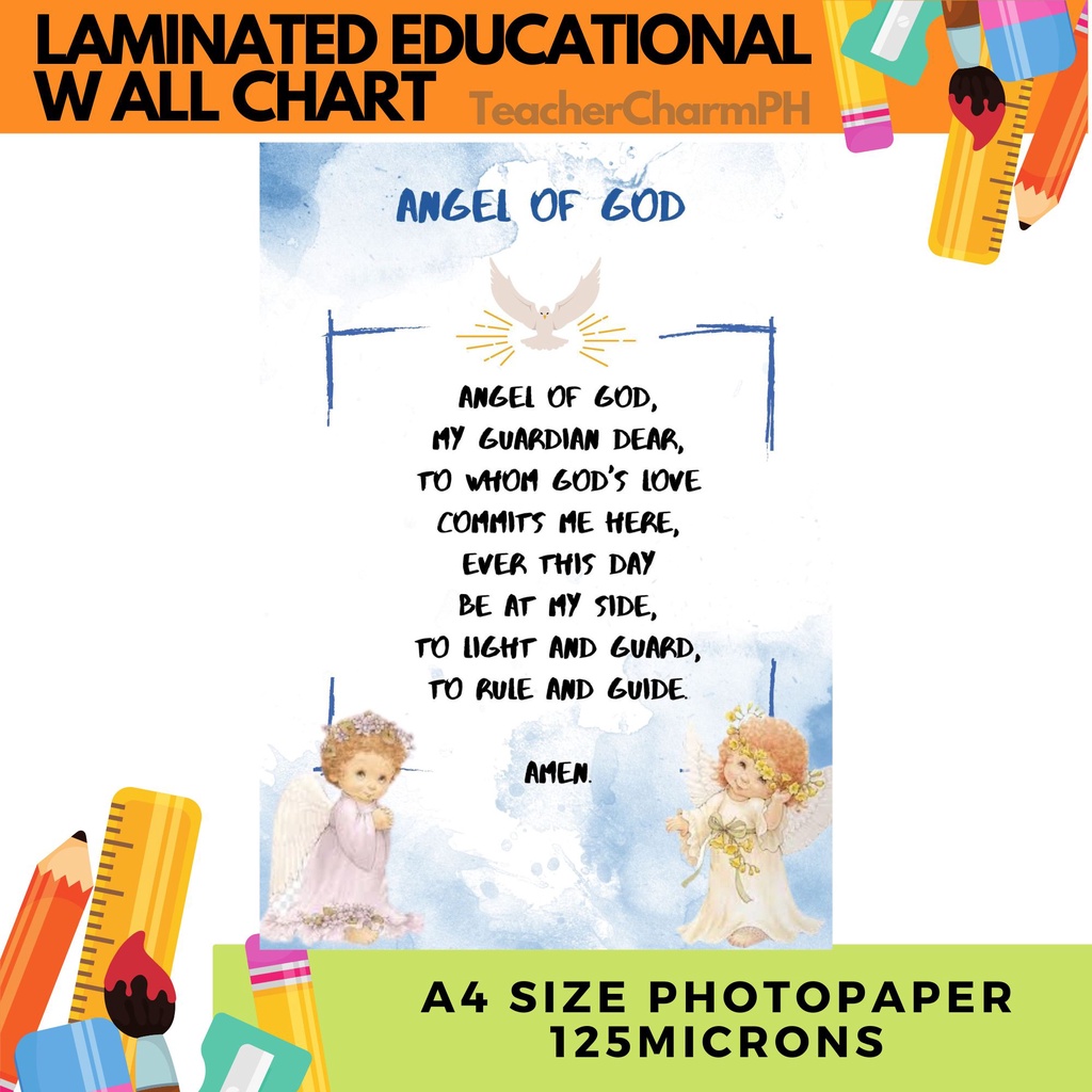 Laminated Prayer Chart (Our Father, Angel of God, Hail Mary, Bless Us ...