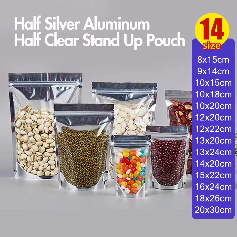 100pcs Half Silver Aluminum Half Clear Stand Up Pouch Packaging Resealable | Shopee Philippines