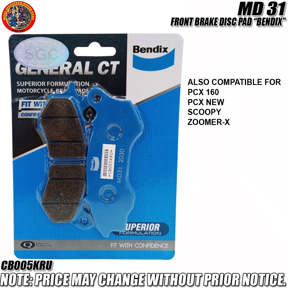 BENDIX MD31 PCX/NEW SCOOPY I/ZOOMER-X FRONT BRAKE DISC PAD (CB005KRU ...