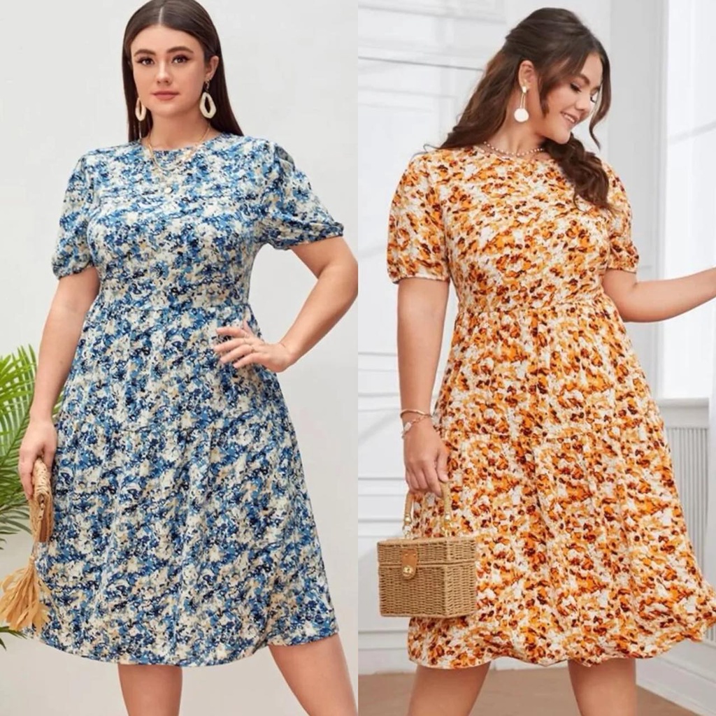 A3013 Uyua Elastic Sleeve Splash Pattern Plus Size Dress | Shopee ...