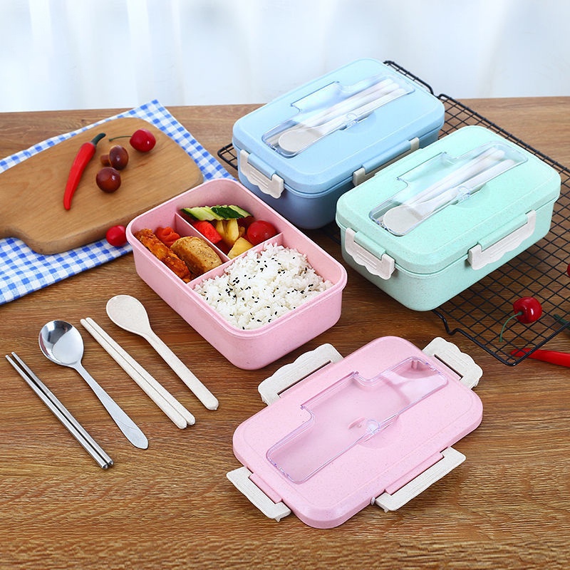 Bento Box and Lunch Box With Spoon and Chopsticks Microwaveable Wheat ...