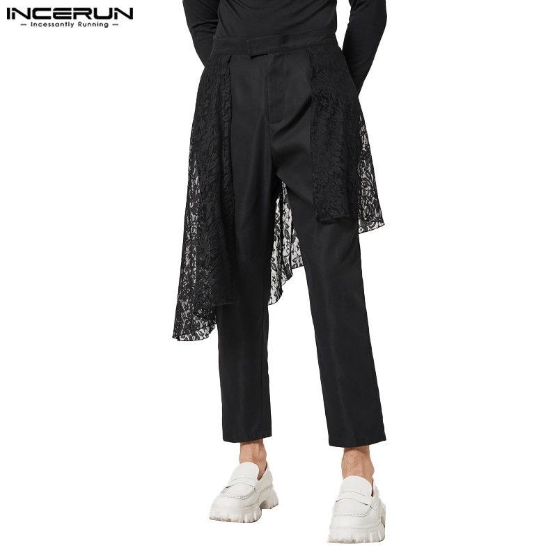 INCERUN Fashion Men's Loose Fit Lace Panel Pants Casual Black Trouser ...