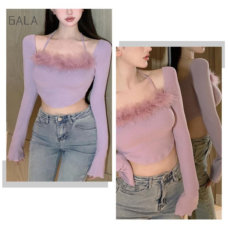 Autumn Women Sweater Halter Off Shoulder Furry Collar High Waist Long ...