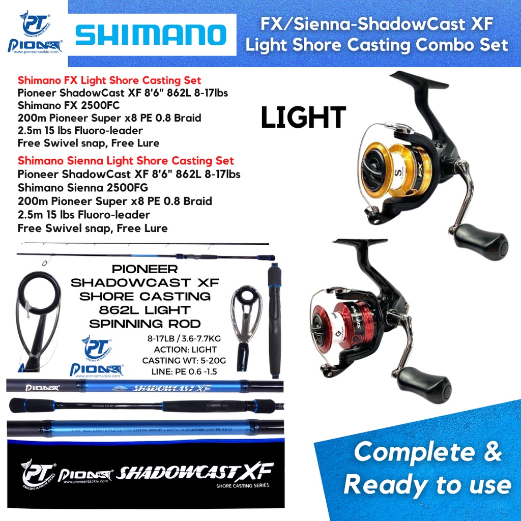 SHIMANO SIENNA / FX 2500 + PIONEER SHADOW CAST XF LIGHT 8ft 6in Shore Casting Combo Set | Shopee ...