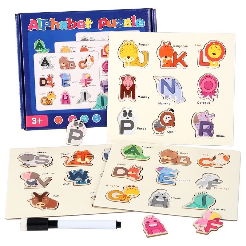 Kids Learning Wooden Animal Alphabet Letter puzzle Pairing Gift for boy ...