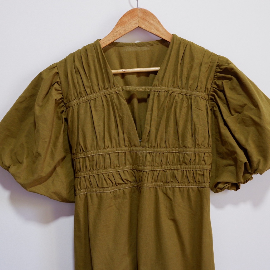 ESSENTIELMANILA Puff Sleeves V-neck Gartered Maxi Dress EM238 | Shopee ...