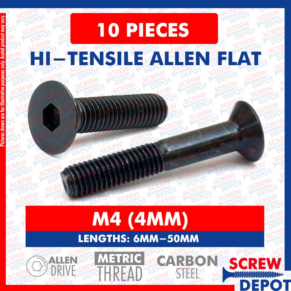 10 PCS Allen Flat Head M4 ( 4mm ) High Tensile Countersunk Socket Flat ...