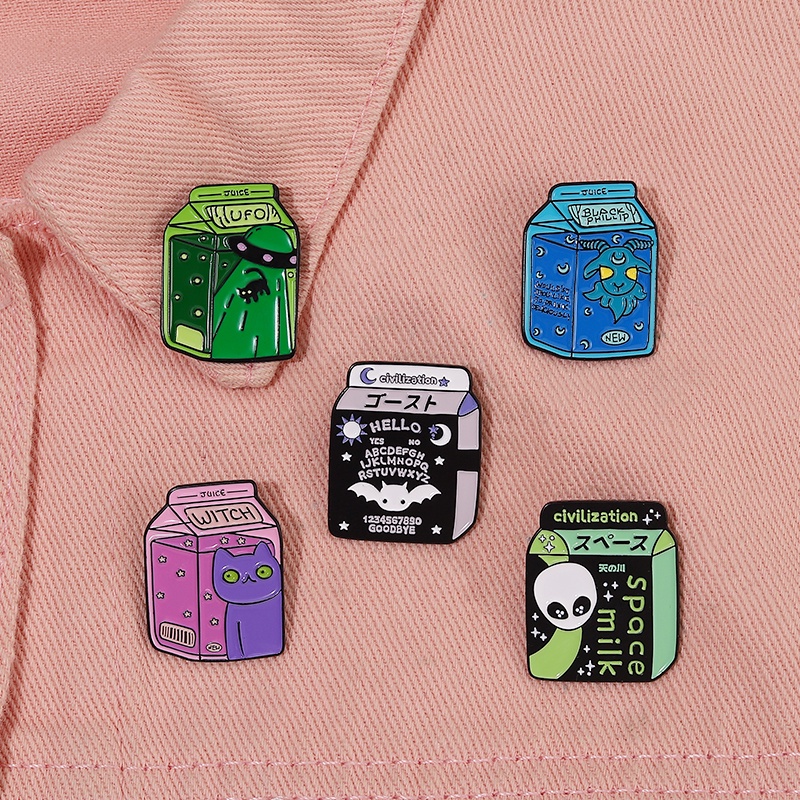 Cute Colorful Space Milk Enamel Pin Alien Witch Cat Satan Brooch Badges ...