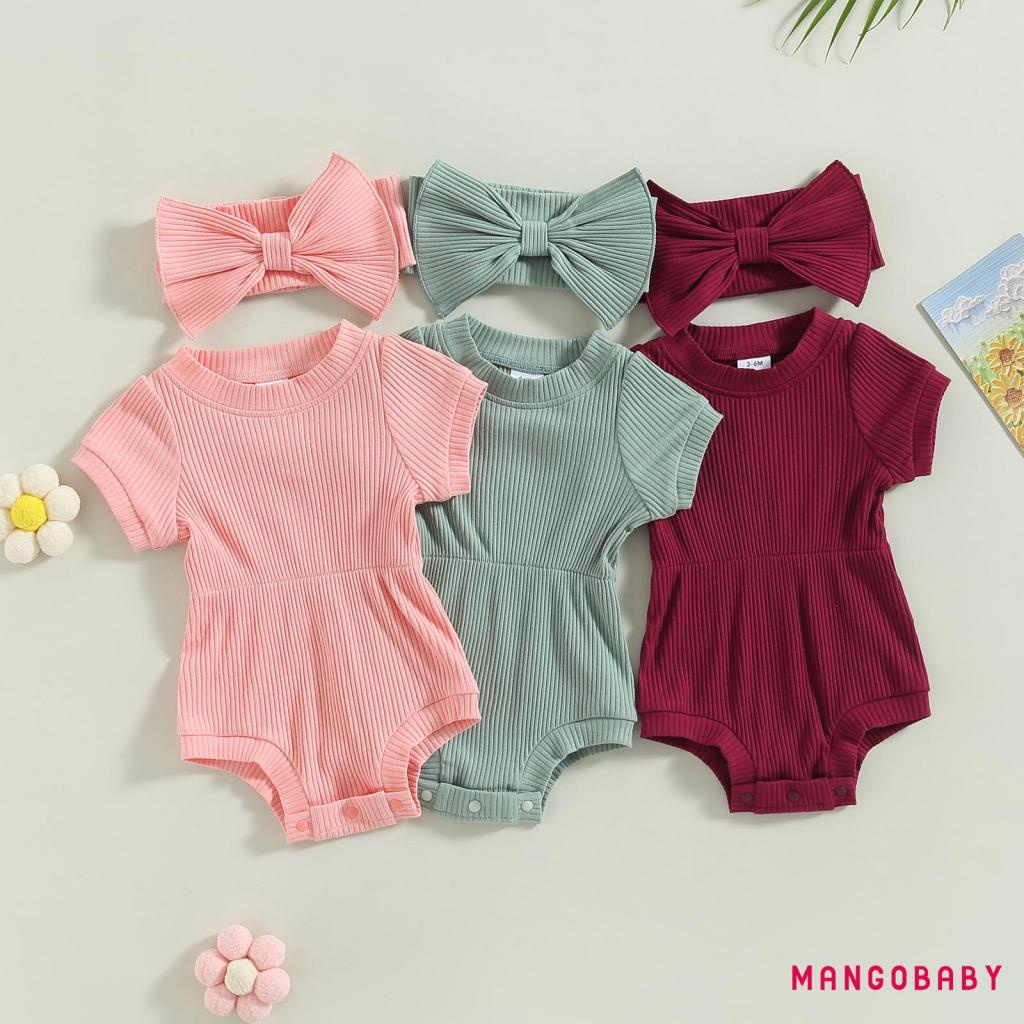 MG-Baby Girls Jumpsuit Set Solid Color Ribbed Short Sleeve Romper with ...