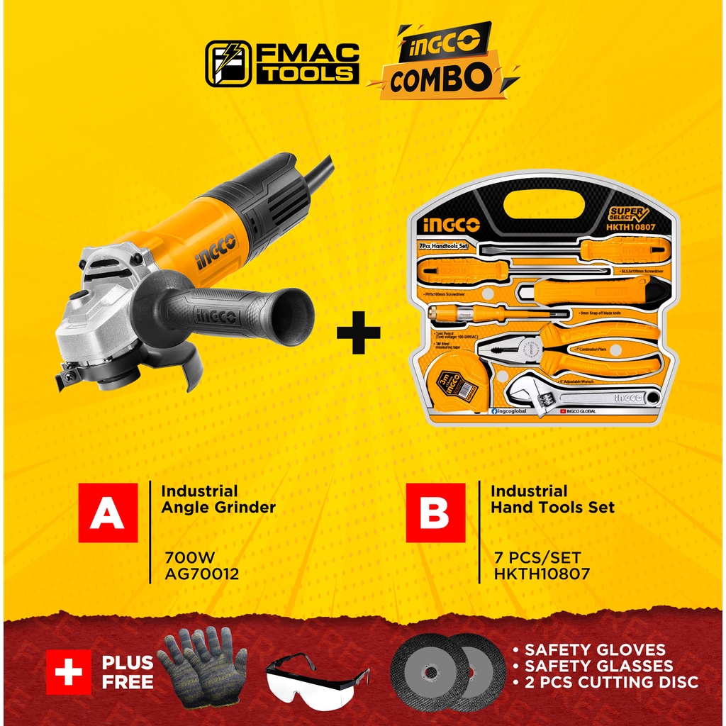 INGCO COMBO Angle Grinder 700W AG70012 + Hand Tools Set 7PCS/SET ...